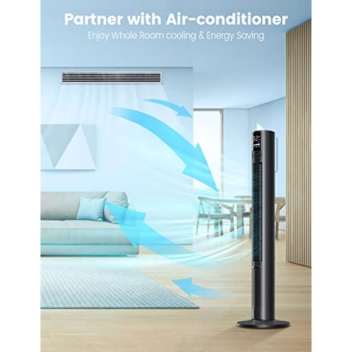 Tower Fan, 46" Oscillating Powerful Bladeless Floor Fan with remote, Quiet Cooling Fan with 4 Speeds and Modes, Built-in 12H Timer LED Display, Portable Stand Fan for Home Bedroom and office Use