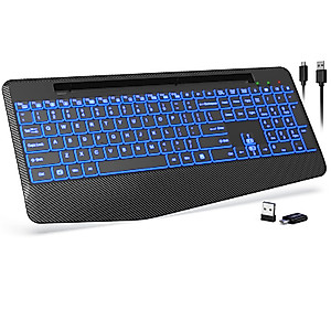 Wireless Keyboard with 7 Colored Backlits, Wrist Rest, Phone Holder, Rechargeable Ergonomic Computer Keyboard with Silent Keys, Full Size Lighted Keyboard for Windows, Mac, PC, Laptop (Black)