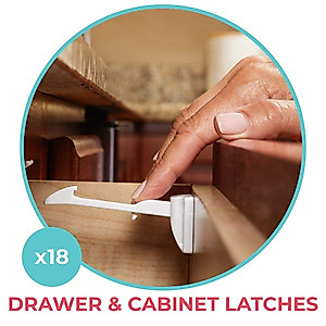 Toddleroo by North States Childproofing Deluxe Kit | 4 Door knob Covers, 34 Plug Protectors, 18 latches, 1 Pinch Protector, 4 Gel Corners, 4 Cabinet Locks | Baby proofing Set (65 Piece Set, White)