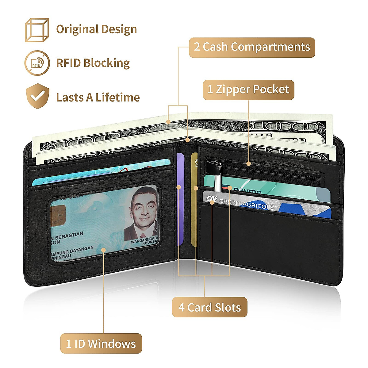 Cool Wallet- Funny Leather Credit Id Card Cash Holder Man Black Rfid Blocking Zipper Wallets With Coin Pocket Id Window Aesthetic Men Teen Boy Male Youth Guys