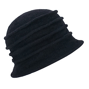 1920s Gatsby Womens Flower Wool Warm Beanie Bow Hat Cap Crushable A287 (Black)