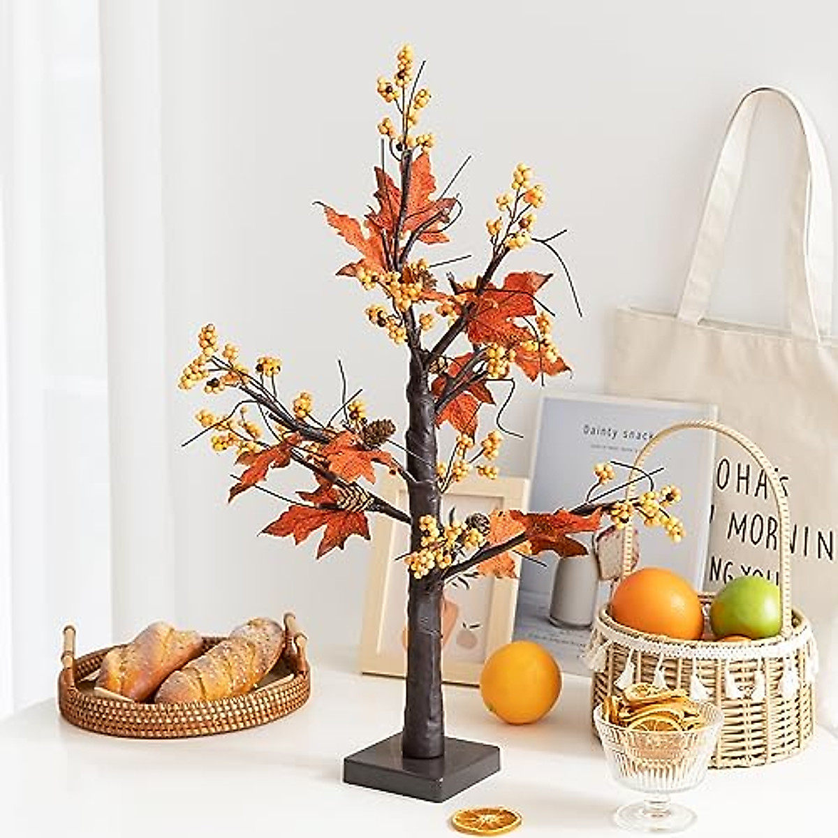 Ethlomoer 2 Pack 24 Inch Artificial Fall Maple Tree, Prelit 48 LEDs for Thanksgiving Decorations Fall Decor, Battery Operated with Timer, Lighted Autumn Tabletop Tree for Harvest Home Indoor Decor