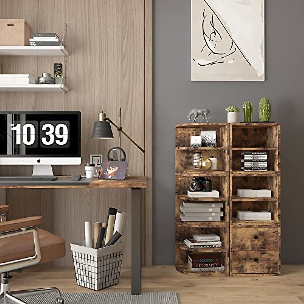 FUSUNBAO Magic DIY Cube Storage Organizer Stackable Cubles for Corner Bookshelf -Home Books Clothes Toy -Modular Cubby Storage System -Office Cubical -Bookcase (Antique Brown, Curved Shape Cube)