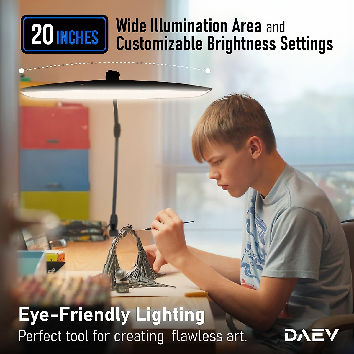 LED Desk Lamp with Clamp - DAEV – 2,200 Lumen 20" CCT Swing Arm Desk Light- 182 LEDs Adjustable from 300K to 6500K – Task, and Work Lamp for Nail Techs, Hobbyists, Artists, and Crafters, Black