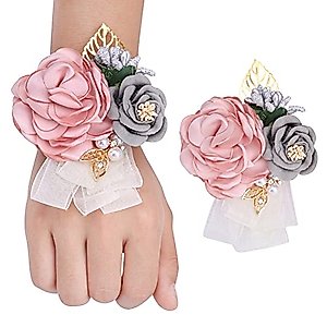 Elandy 1PC Rose Flower Wedding Bride Wrist Corsage Wristlet Band Faux Pearl Bracelet Bridesmaid Wrist Corsage Decor for Wedding Prom Party
