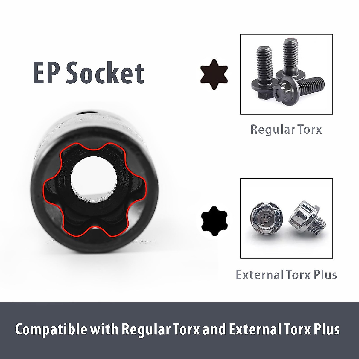 External Torx Plus Socket Set 19 Pc,6 Point EP Socket 1/4 '' EP4-EP8,3/8'' EP10-EP16,1/2'' EP18-EP32,5 Point EP Socket 1/2'' EP8.8 Dr E-Torx Plus set