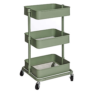 SONGMICS 3-Tier Metal Rolling Cart, Utility Cart, Kitchen Cart with Adjustable Shelves, Storage Trolley with 2 Brakes, Easy Assembly, for Kitchen, Office, Bathroom, Sage Green UBSC060C01
