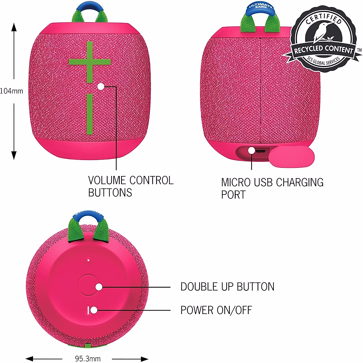 Ultimate Ears WONDERBOOM 3, Small Portable Wireless Bluetooth Speaker, Big Bass 360-Degree Sound for Outdoors, Waterproof, Dustproof IP67, Floatable, 131 ft Range - Hyper Pink (Renewed)