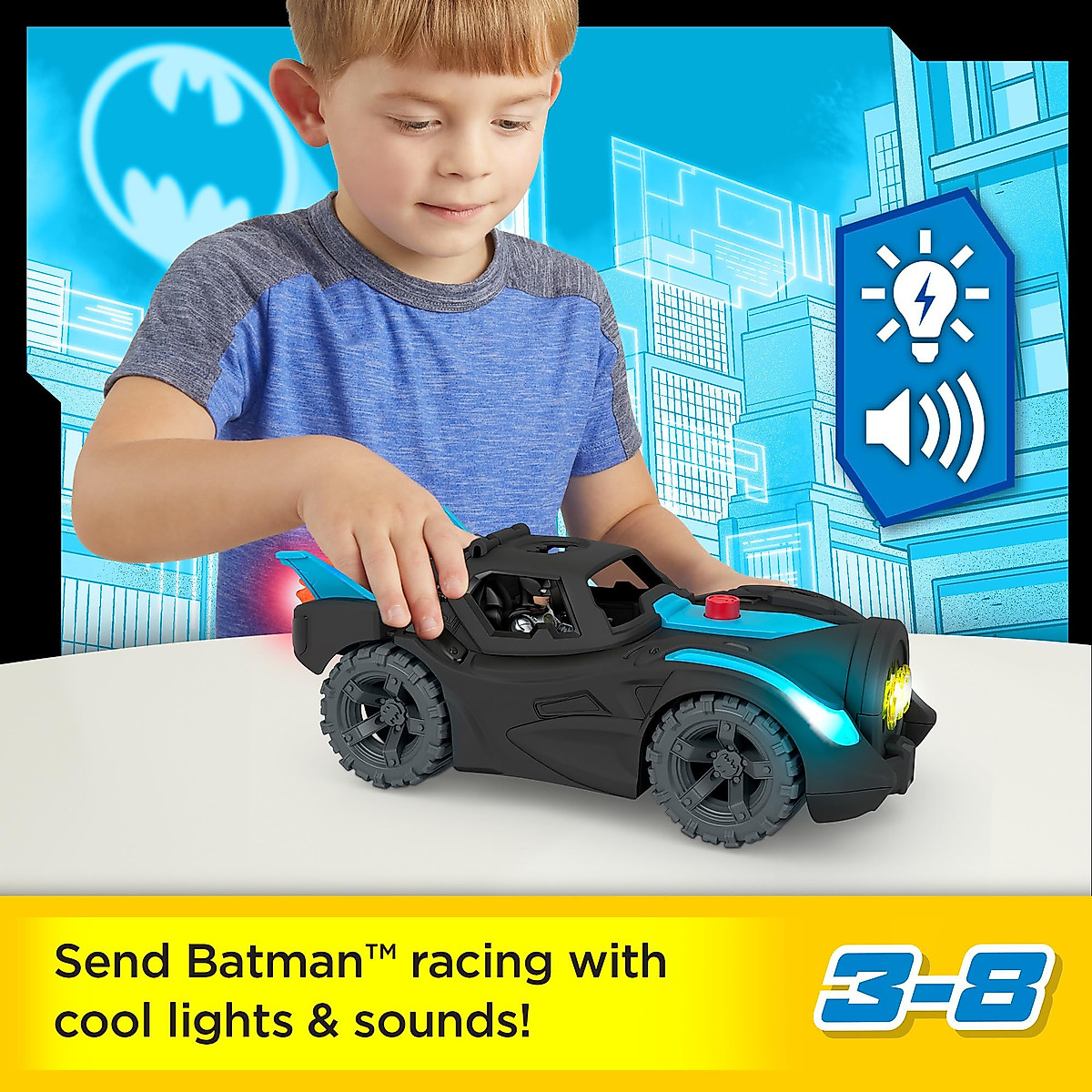 Fisher-Price Imaginext DC Super Friends Batman Toy, Lights & Sounds Batmobile with Batman Figure for Preschool Kids Ages 3+ Years