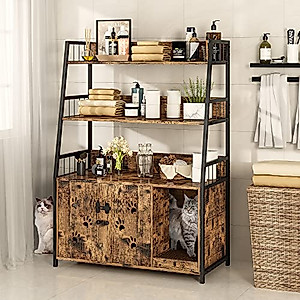 Recaceik Large Cat Litter Box Enclosure with Shelf Storage, Hidden Cat Washroom Furniture, Wooden Cat House with Scratch Pad, Sturdy Indoor Cat Cabinet with 2 Doors