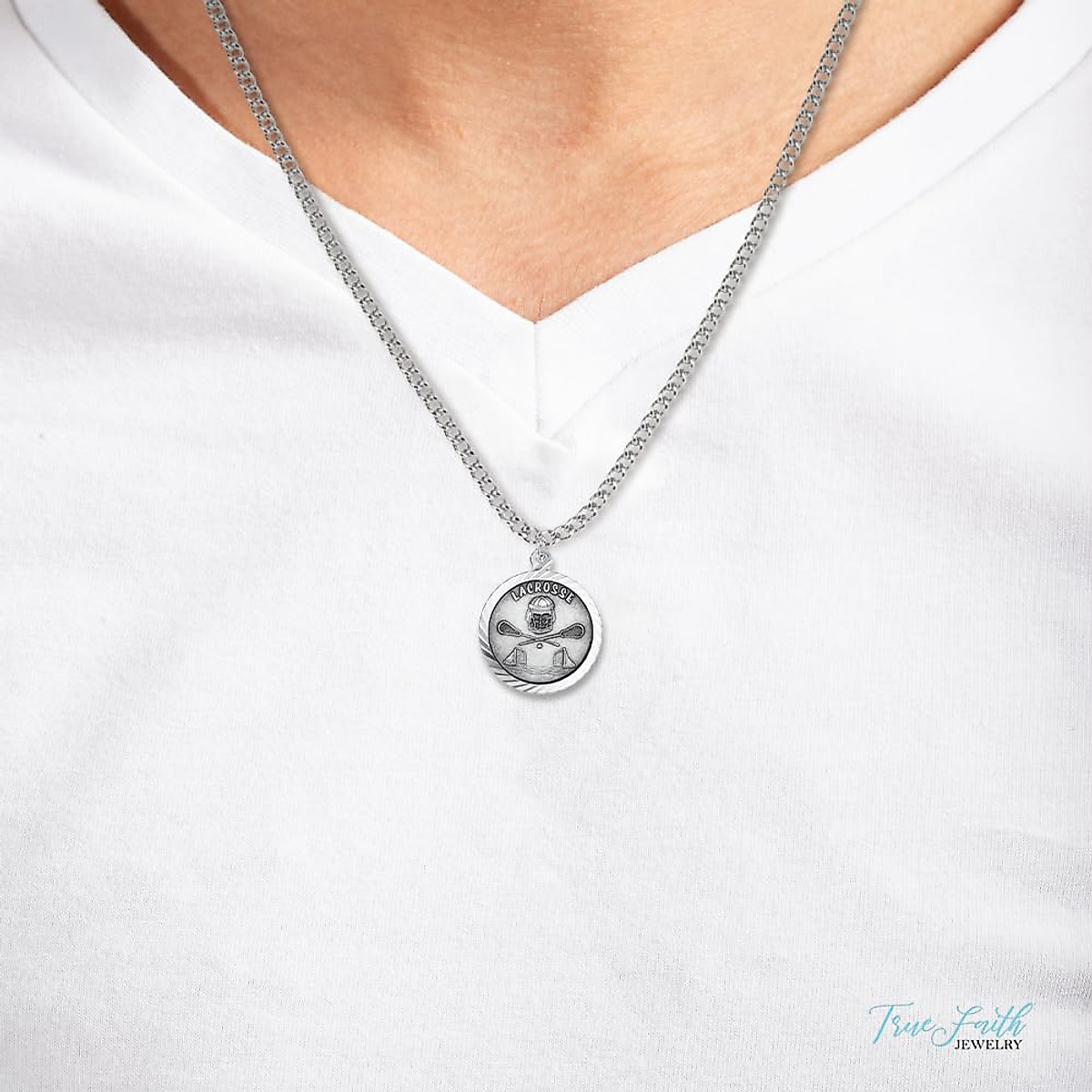 TrueFaithJewelry Sterling Silver Saint Christopher Necklace Lacrosse Sports Medal Pendant, 3/4 Inch