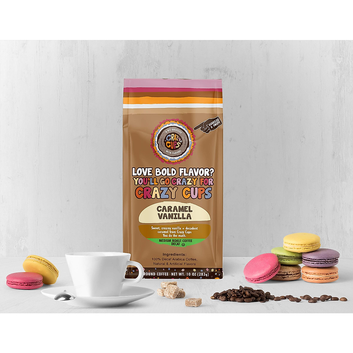 Crazy Cups Decaf Flavored Ground Coffee Variety Pack, Includes Cinnamon French Toast, Caramel Vanilla, Pumpkin Caramel Spice, in 10 oz Bags, For Brewing Flavored Hot or Iced Decaf Coffee, Variety 3 Pack