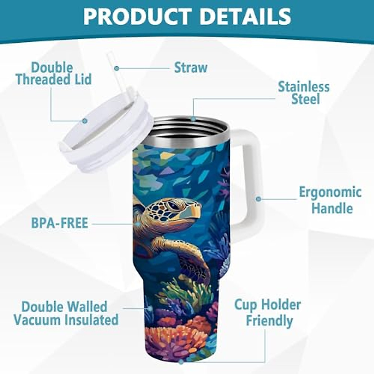 Slewiaeky Tumbler with Handle 40 oz Lovely Turtle Ocean Travel Mug with Lid and Straw Sea Stainless Steel Vacuum Insulated Water Bottle Cup for Iced Tea Coffee Cold Beverages Cup Holder Friendly