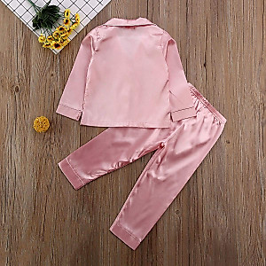 TiendaDeLage Toddler Baby Girl Satin Silk 2 Piece Long Sleve Collared Button Down Shirts and Pants Casual Loungwear Cute Clothes (Long Sleeve Pink,6-12 Months)