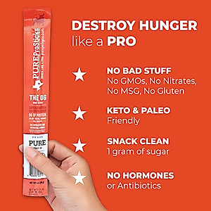 PureProSTICKS - 24 pack of Low Sugar 100% Grass Fed Beef Sticks - Original Flavor Mild - Delicious Gluten Free Beef Snack - High Protein Keto & Paleo Friendly - 24 Beef Sticks
