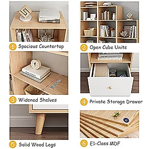 IOTXY 4-Tier Open Shelves Bookcase - 59 Inches Height Modern Floor Standing Cubes Wooden Mid Bookshelf with Storage Drawer and Legs, Oak