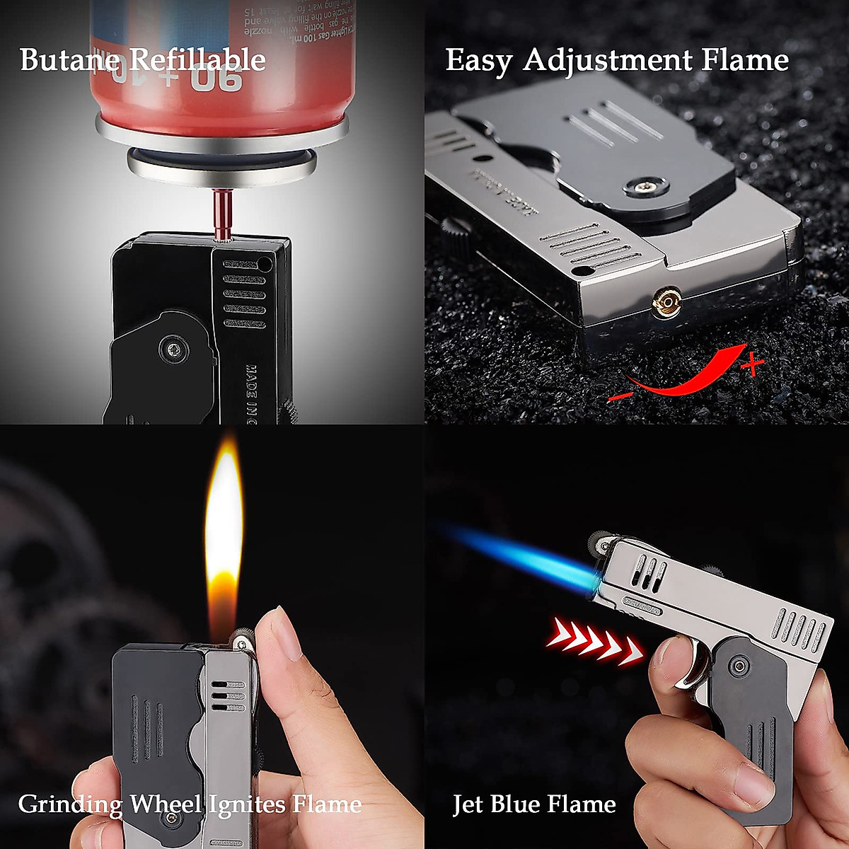 Torch Lighter, Switchable Jet Flame Lighter Butane Refillable with Lockable Function, Foldable Cool Design Lighters, Windproof Adjustable Jet Flame and Soft Flame(without Butane Gas)-Black