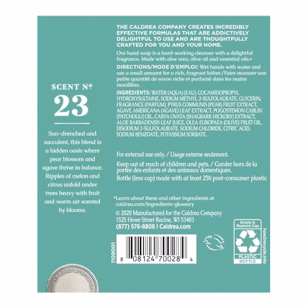 Caldrea Hand Soap Refill, Aloe Vera Gel, Olive Oil And Essential Oils To Cleanse And Condition, Pear Blossom Agave Scent, 32 Oz