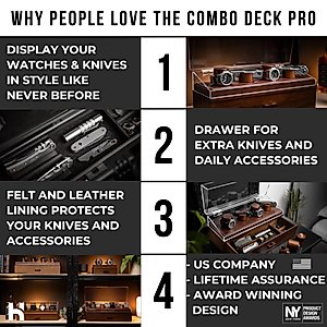 Watch & Pocket Knife Display Case – Switch Up Your Display with the Modular Pillars – Comes with Vegan Leather Padding and 4 Extra Pillars – The Combo Deck Pro – Lifetime Assarance Included