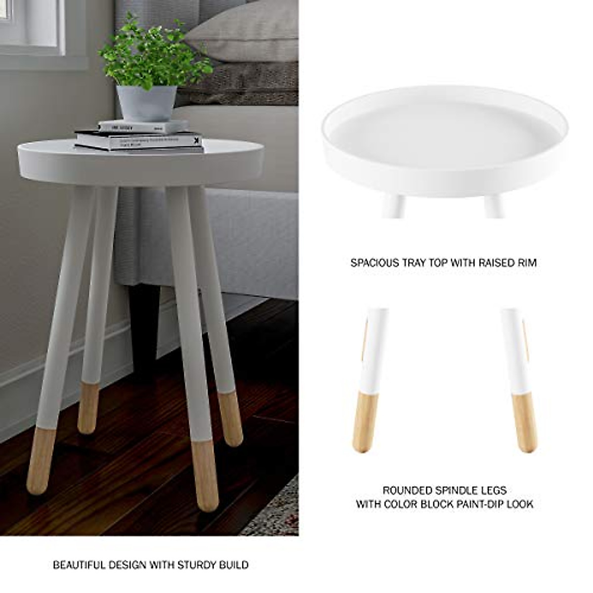 Round End Table - 2-Tone Mid-Century Modern Home Accent Table with Tray Top for Living Room, Bedroom, or Office by Lavish Home (White)