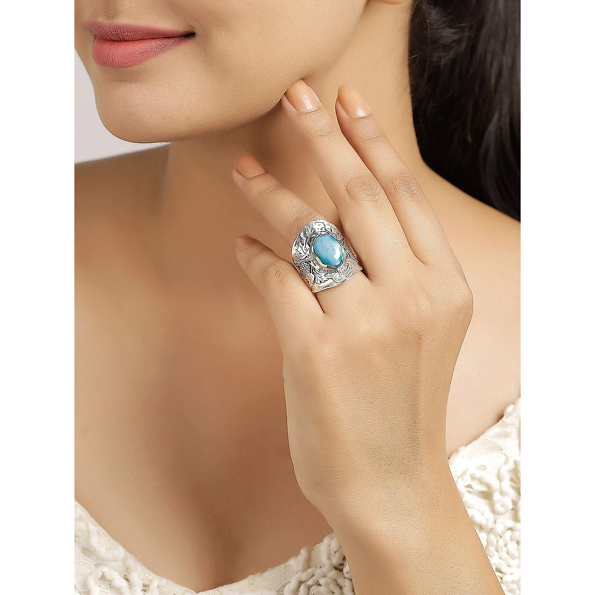 YoTreasure 10x14 MM Larimar Classic Statement Ring Oxidized .925 Sterling Silver