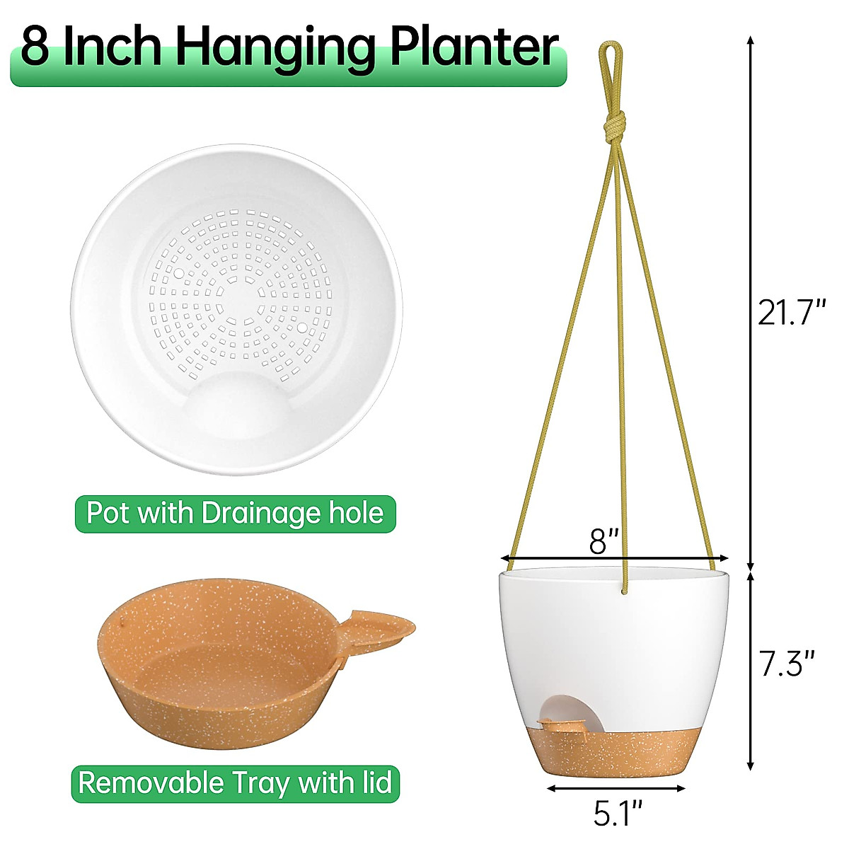 ZMTECH 8 Inch Hanging Planters for Indoor Outdoor Plants, 2 Pack Self Watering Hanging Plant Pots with Drainage Holes and Removable Saucer, Plastic Flower Hanging Pots with Watering Lip (White)