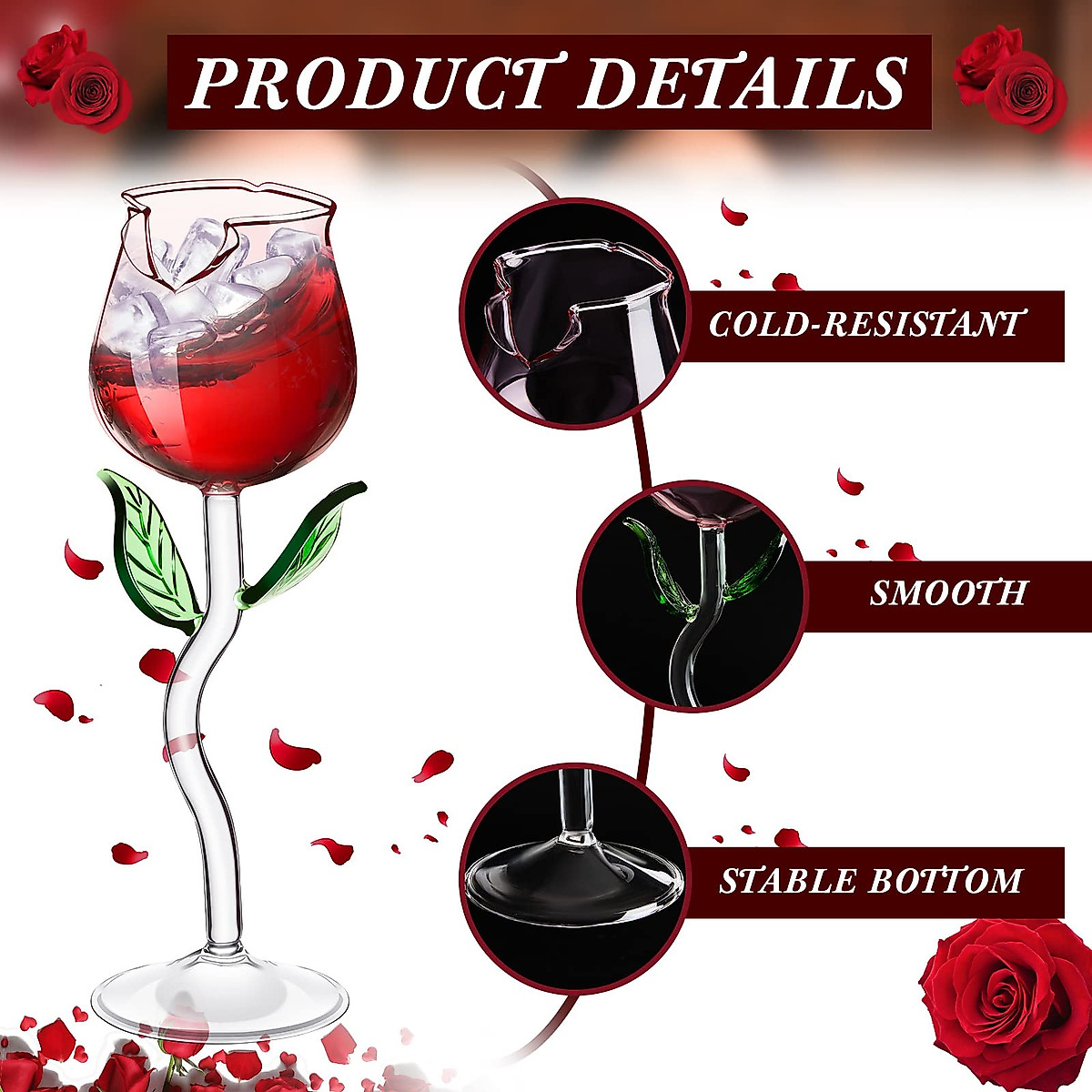 2 Pack Creative Rose Wine Glasses 6oz Crystal Red Wine Glasses Rose Flower Goblet Wine Cocktail Juice Glass for Party Bar Wedding