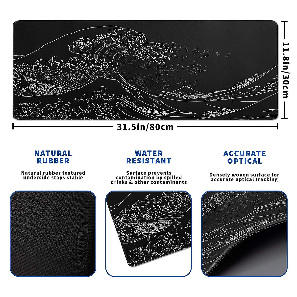 Japanese Gaming Mouse Pad Abstract Black Mouse Pad 31.5x11.8 Inch Black Sea Wave Texture Non-Slip Rubber Base Large Ocean Mousepad Stitched Edges Keyboard Mouse Mat Desk Pad for Office and Home