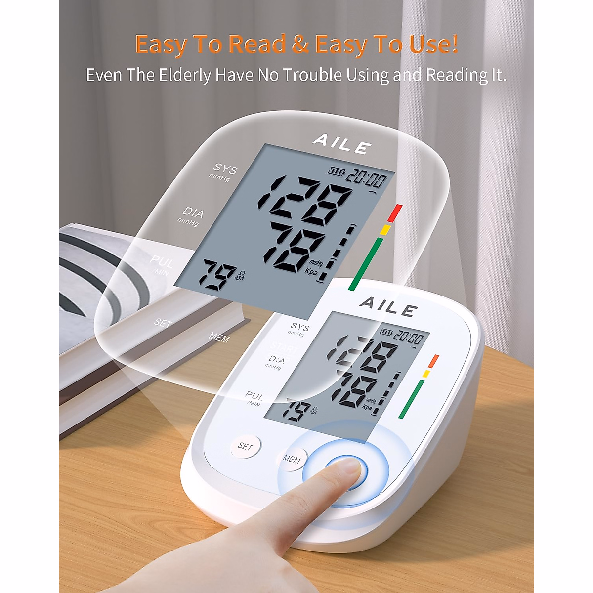 Blood Pressure Monitor, AILE Blood Pressure Machine Upper Arm Large Cuff(8.7"-16.5"), High Automatic Blood Pressure Monitors Cuff for Home Use, (BP) Manual Arm Blood Pressure Monitors, 2 * 99 Memory