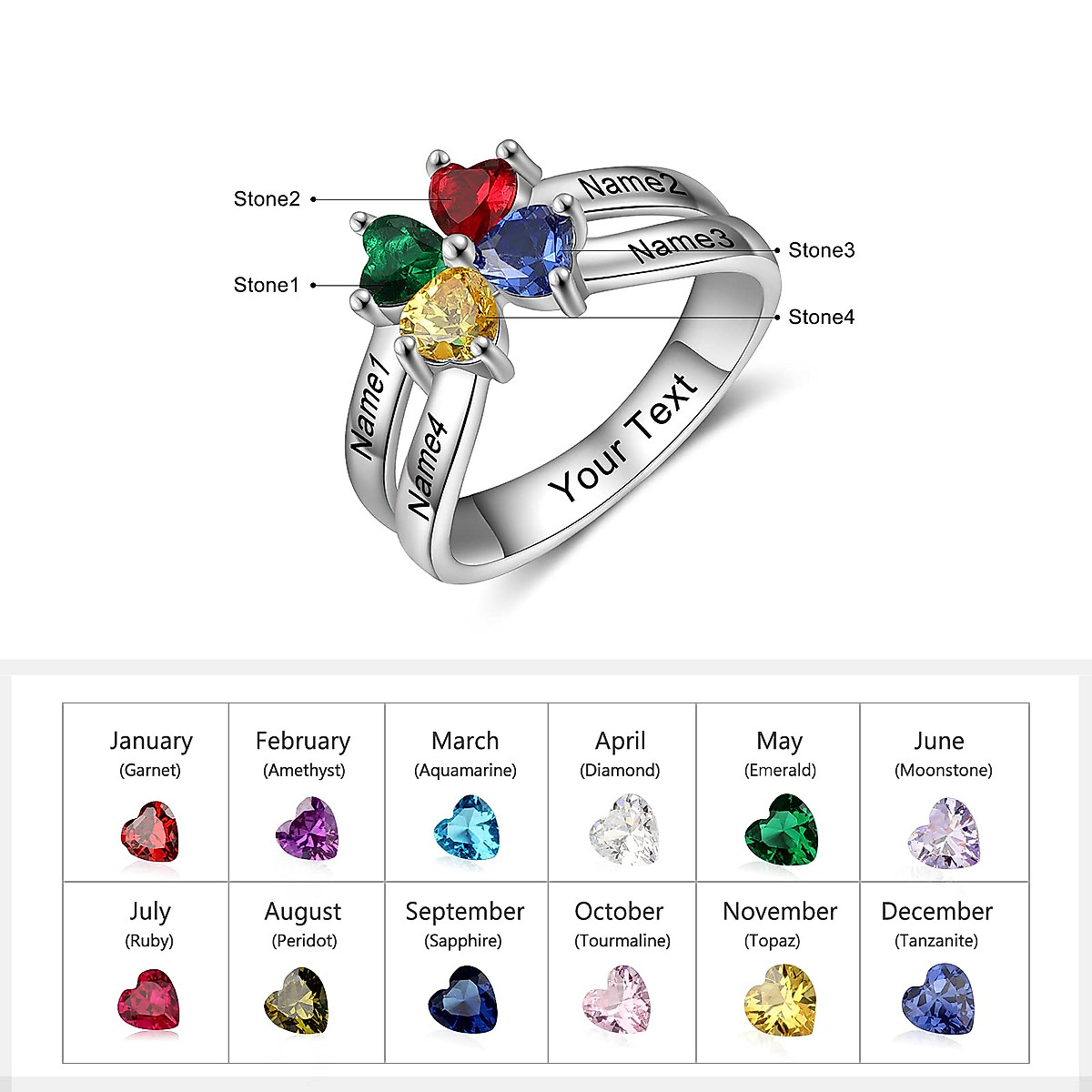 Lam Hub Fong Personalized Four Leaf Clover Mother's Ring with 4 Names & Birthstones for 4 Women BFF Sisters Rings for Her Mother's Day Rings for Mom (8)