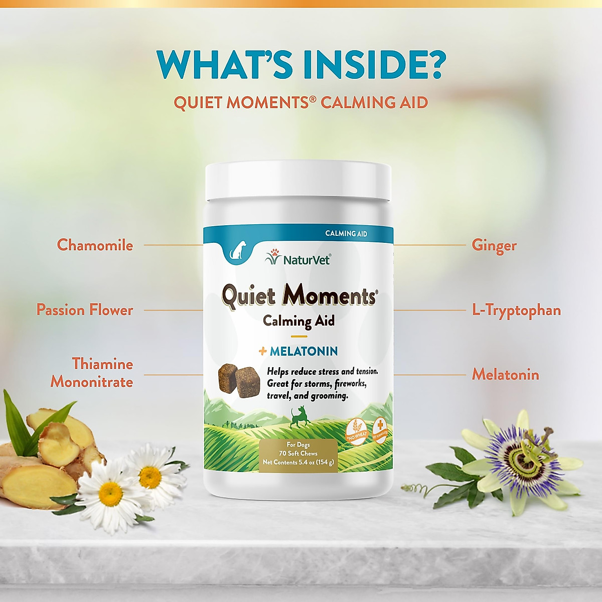 NaturVet Quiet Moments Calming Aid Dog Supplement – Helps Promote Relaxation, Reduce Stress, Storm Anxiety, Motion Sickness for Dogs -70 Soft Chew - Calming Drops - 2 Oz