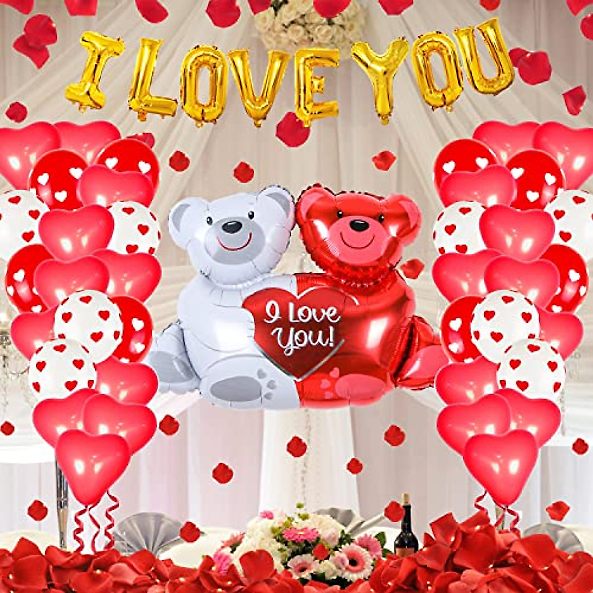 Valentine Day Decoration, I Love You Balloons Teddy Bear Red Heart Balloons Set with 1000 Pcs Silk Red Rose Petals for Anniversary Romantic Decorations, Valentine's day party Wedding Flower Decoration