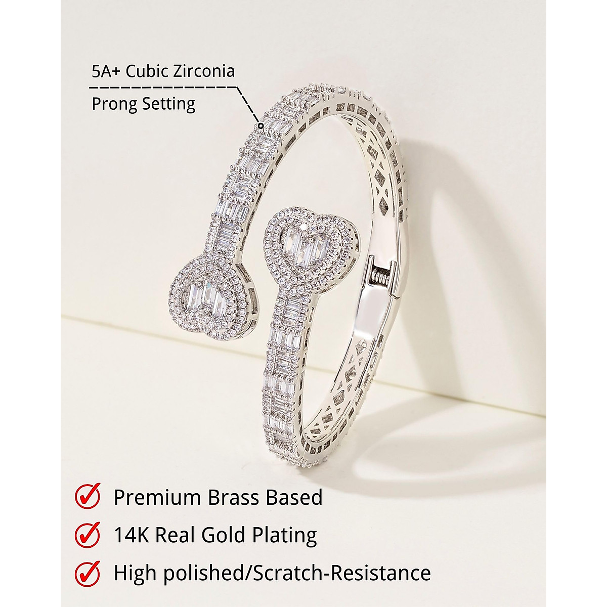 Lulu Mel Iced Out Baguette Diamond Bracelet Jewelry for Women, Hip Hop Mens 14k Gold Silver Plated Cubic Zirconia Bangle Bracelet, Men Heart Cuff Bracelet With Jewelry Box (Silver Heart, 7inch)