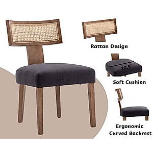 CIMOTA Upholstered Rattan Dining Chairs Set of 2 Mid Century Modern Kitchen & Dining Room Chairs Linen Farmhouse Armless Side Chair with Wood Frame/Curved Backrest, Charcoal