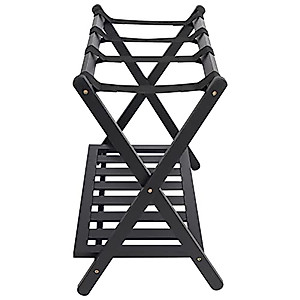 AKVOMBI Folding Luggage Racks for Guest Room, 2 Tier Suitcase Holder Stand with Shelf, Luggage Stand with Heavy Duty Nylon Belts for Bedroom, Hotel, Black