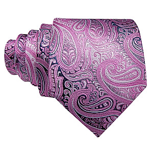 Barry.Wang Men Tie Set Paisley Pink Black Silk Necktie Pocket Square Cufflinks Formal Wedding Party Business