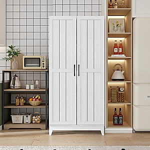 AIEGLE Kitchen Pantry Cabinet with Sliding Tray, 2 Door Freestanding Cupboard Storage Organizer with Drawers, Wine & Seasoning Rack, White 68.9" Tall