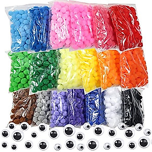 TOAOB 1900pcs 1cm Assorted Pom Poms Multi Color Fuzzy Pompoms Balls Art Supplies with Wiggle Eyes for DIY Crafts Decorations