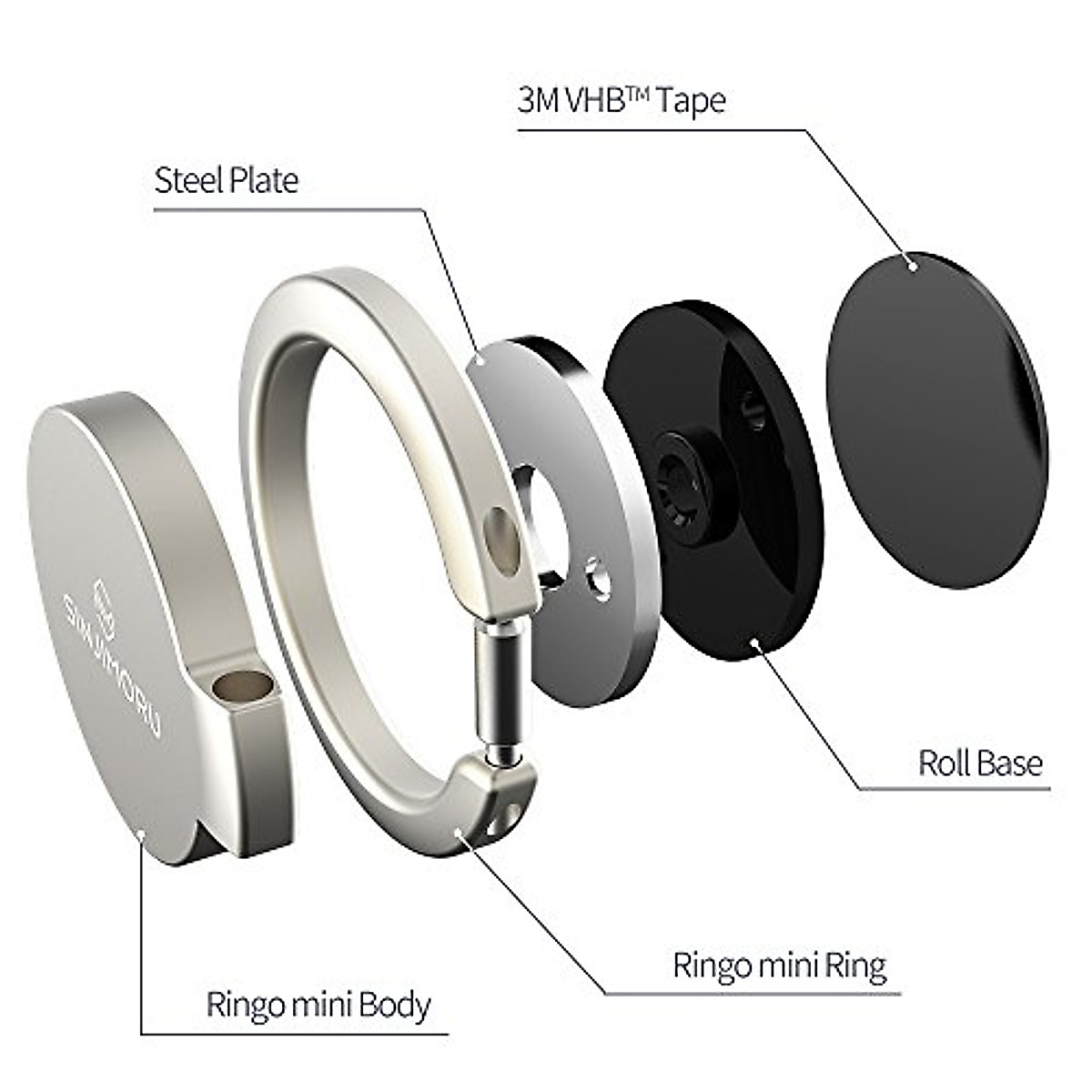 Sinjimoru Phone Ring Holder & Finger Ring Stand 360° Rotation, Phone Grip Kickstand for iPhone Attachable to Magnetic Car Mount Finger Loop for Cell Phone. Ringo Mini Metallic Black