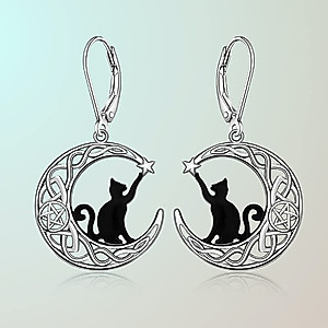 Black Cat Earrings for Women Sterling Silver Leverback Cute Animal Crescent Moon Celtic Knot Dangle Drop Earrings Hypoallergenic Cats Lover Halloween Gifts