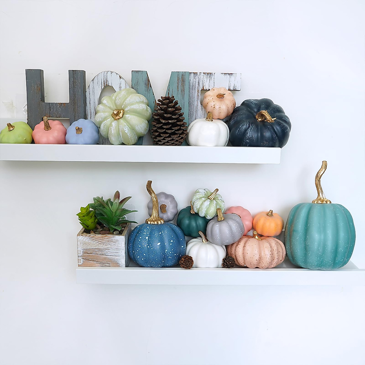 Winlyn 18 Pcs Bulk Assorted Rustic Harvest Artificial Pumpkins Decorative Pumpkins Faux Foam Pumpkins in Blue Green Teal for Fall Harvest Autumn Wedding Thanksgiving Halloween Party Table Centerpiece