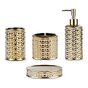 BASDHE Bathroom Accessories Set 5 Piece Bath Ensemble Includes Soap Dispenser, Toothbrush Holder, Toothbrush Cup, Soap Dish and Trash Can for Decorative Countertop and Housewarming Gift, Gold