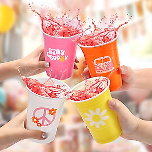 Nefelibata Retro Groovy Party Plastic Cups 48PCS Groovy 60s 70s Party Stadium Cups Bachelorette Bridal Shower Party Favors Decorations Birthday Reusable Party Cups Supplies 15OZ