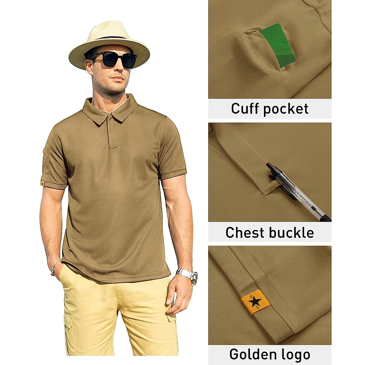 ZITY Mens Polo Shirt Short Sleeve Sports Tactical T-Shirt Athletic Golf Polos Daily Casual Stylish Collared Shirts for Men Khaki Medium