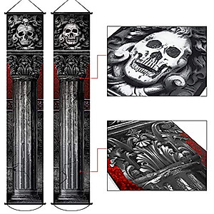2 Pieces Halloween Gothic Mansion Banners Halloween Skull Hanging Banners with Welcome Foolish Mortals Porch Sign Spooky Halloween Pillar Sign Banner Decorations for Outdoor Halloween Party Supplies