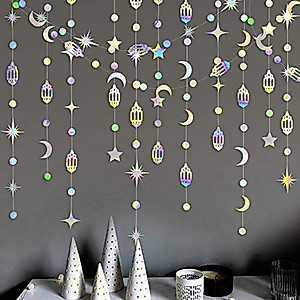 Iridescent Eid Mubarak Ramadan Decorations Hanging Rainbow Star Moon Circle Dot Crescent Lamp Garland Streamer Banner Backdrop Decorations for Happy Ramadan Muslim Islam Birthday Wedding Party