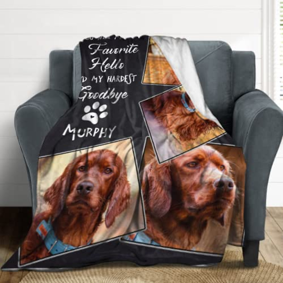 Custom Memorial Blanket Gifts for Dog Lover: Personalized Puppy Photo Collage Throw Blanket with Picture Name in Loving Memory Blanket - Made in USA