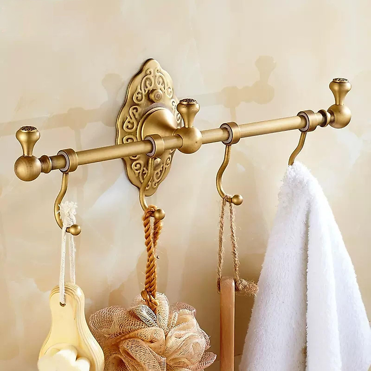 TEMKIN Brass Towel Rail Bar Bathroom Towel Hook Rack，Bath Coat Rack Hook Wall Mounted with 4 Hooks，Antique Bath Robe Hanger Coat Hook Rack Holders，Indoor Kitchen Lavatory Hot Tub Accessories