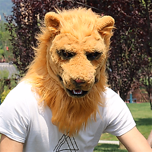 Xerial Realistic Furry Animal Mask with LED Light, Plush Lion Mask with Moving Jaw