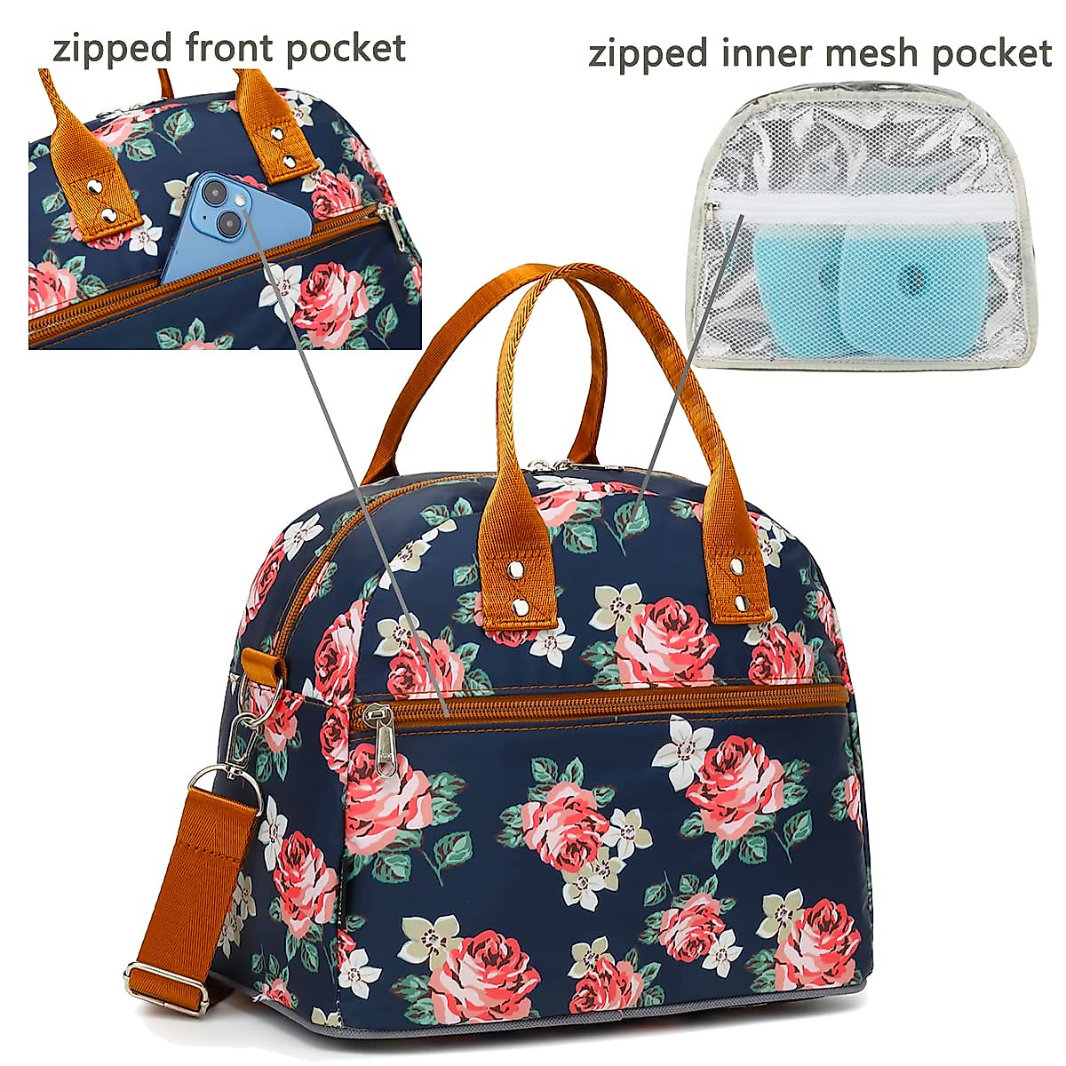 FlowFly Insulated Lunch Bag With Shoulder Strap for Women, Men, and Kids, Large and Reusable, Handle, Freezable Work and School Travel Tote and Meal Prep Organizer,Peony